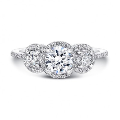 18K White Gold Three Stone Diamond Halo Engagement